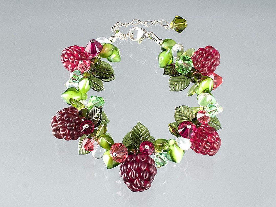 Raspberry Bracelet W/ 5 Glass Raspberries Leaves on Sterling Silver or ...