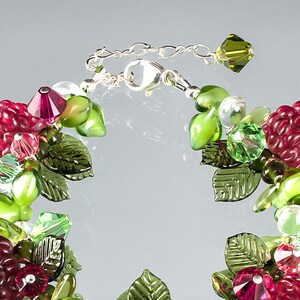 Raspberry Bracelet W/ 5 Glass Raspberries Leaves on Sterling Silver or ...