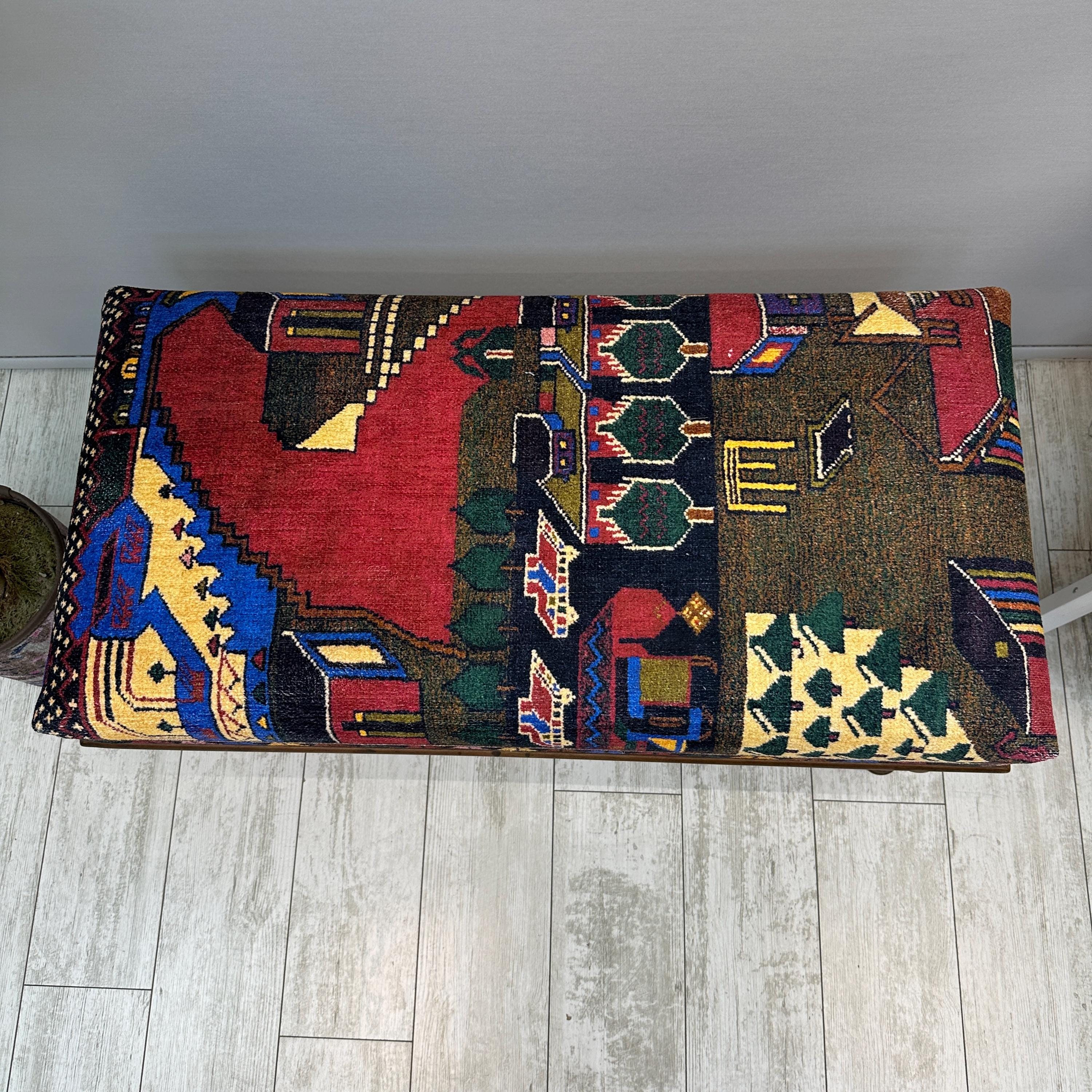 Ottoman Bench 18x36", Unique Persian Rug Upholstered Bench, Boho ...