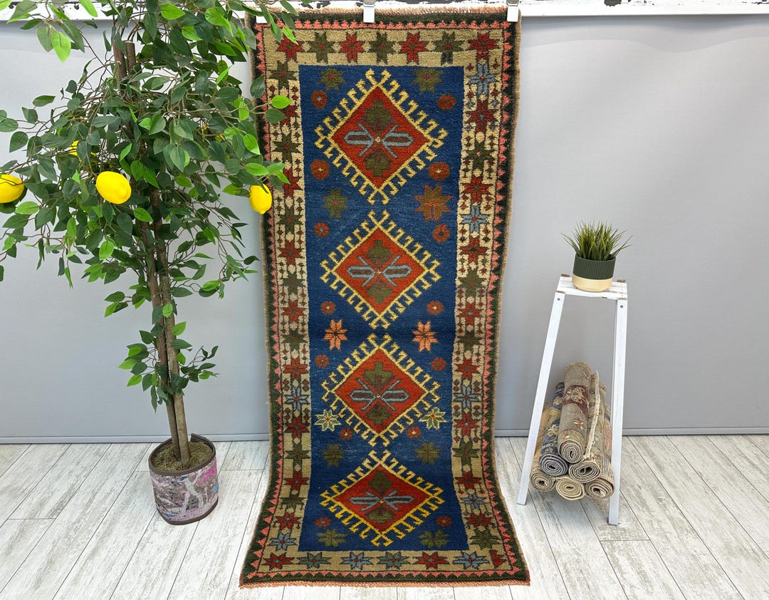 Red Blue Turkish Runner Rug 2x7, Vintage Handmade Rug, 3x7 Entryway ...