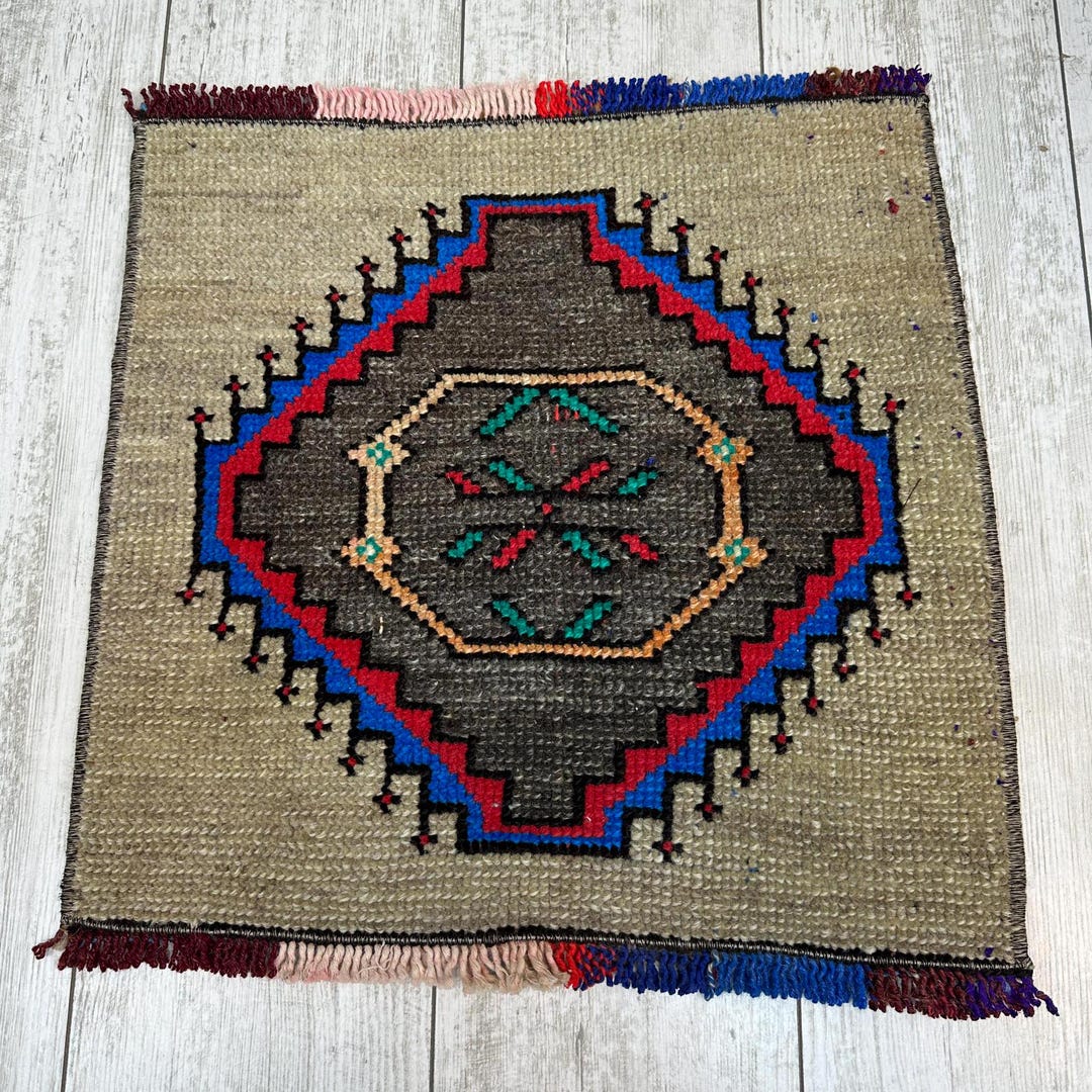 Beige Square Doormat Rug 1x1ft, Vintage Turkish Bathroom Rug 1x1 ...