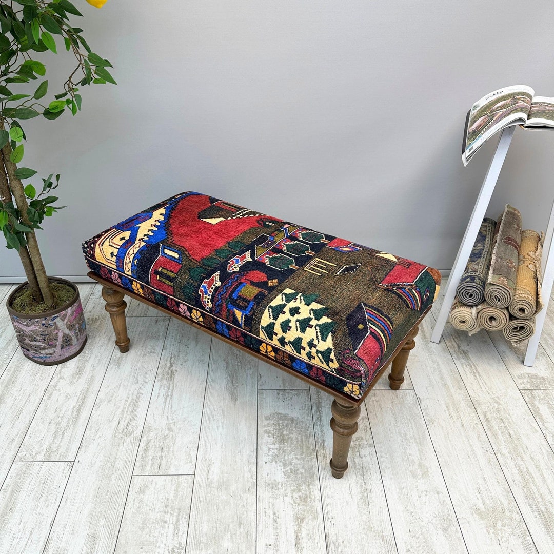Ottoman Bench 18x36", Unique Persian Rug Upholstered Bench, Boho ...