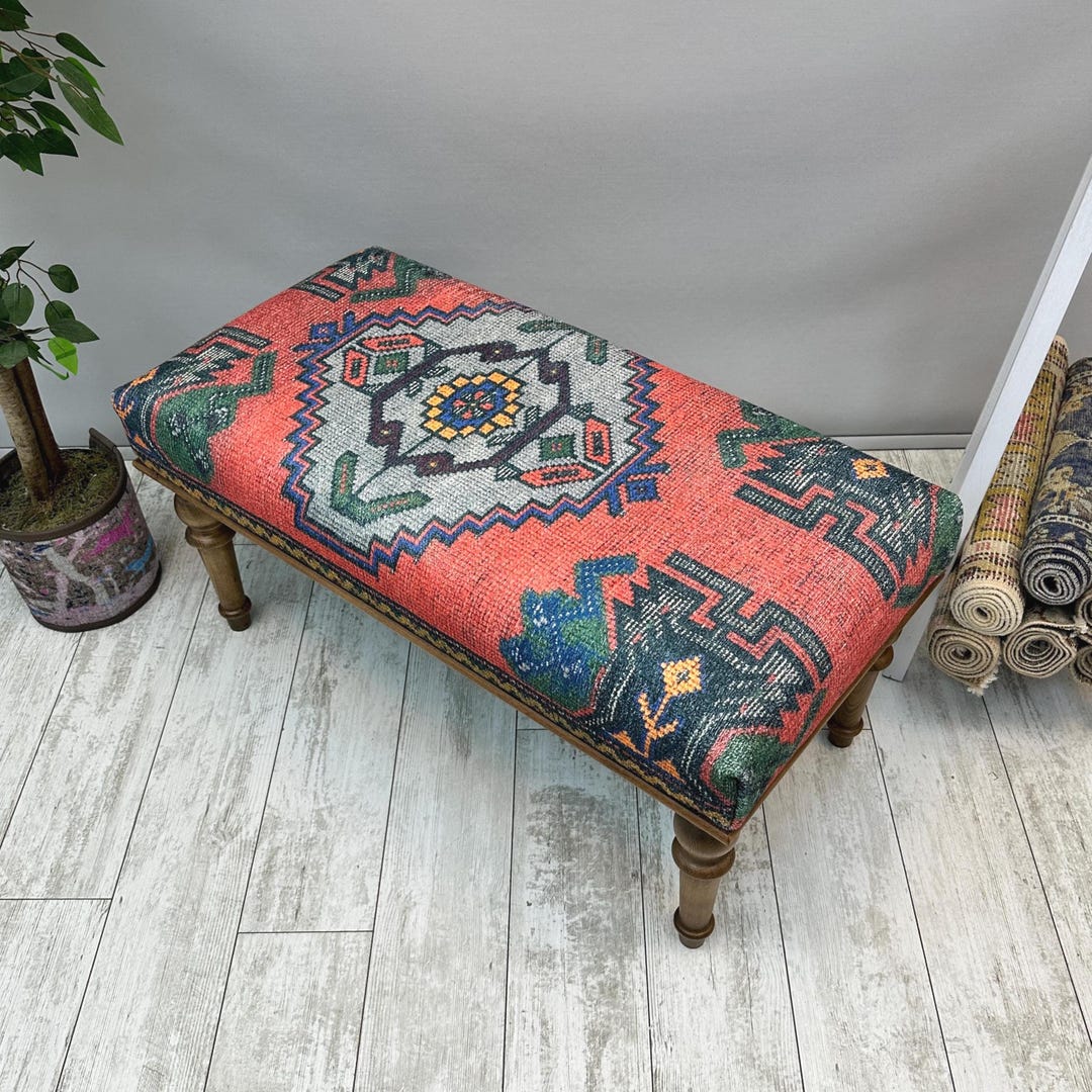 Rug Upholstered Red Ottoman Bench for Livingroom, Boho Bedroom Bed End ...