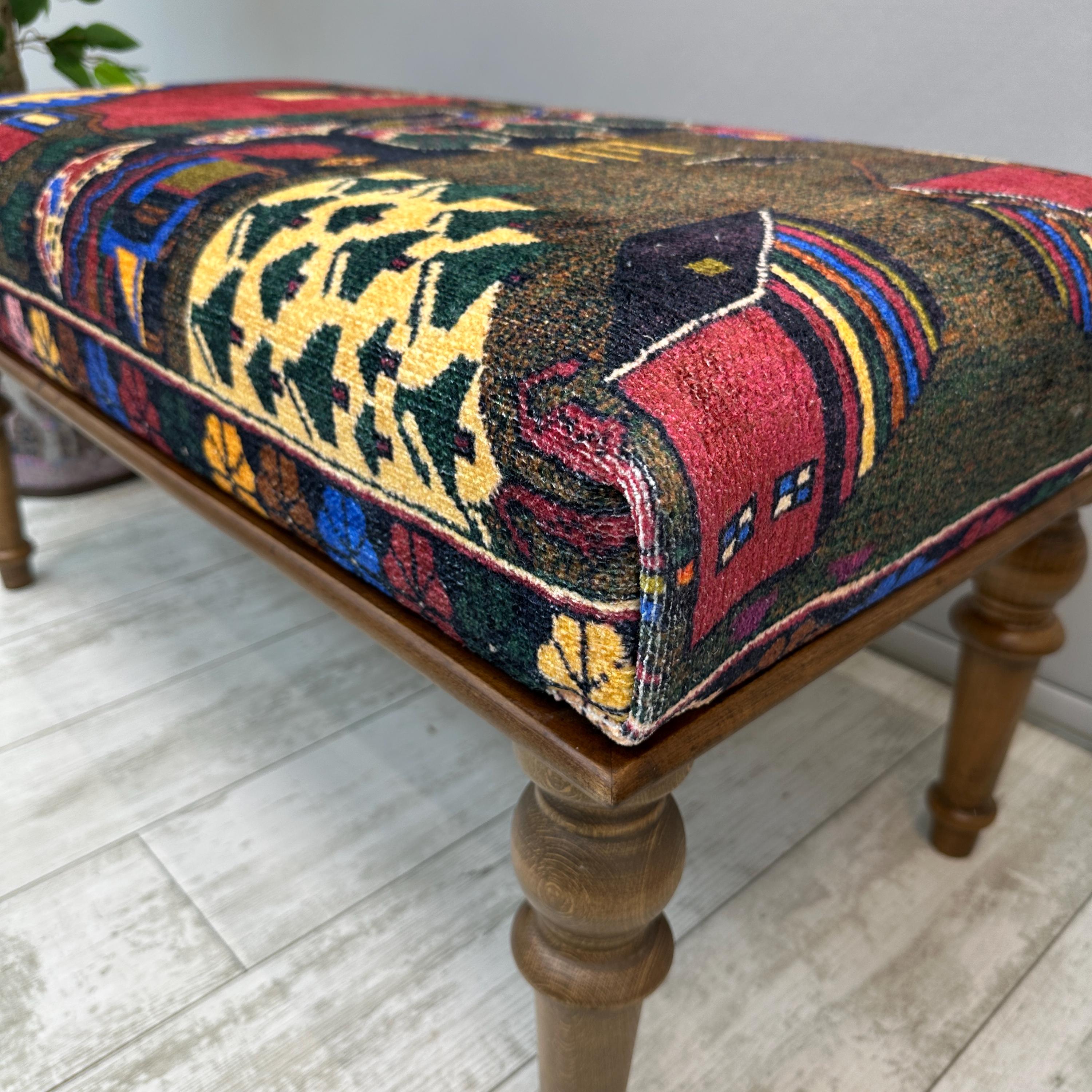 Ottoman Bench 18x36", Unique Persian Rug Upholstered Bench, Boho ...