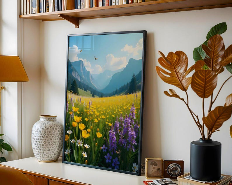 Mountain Valley Flower Field Nature Landscape Wall Art, Scenic Mountain ...