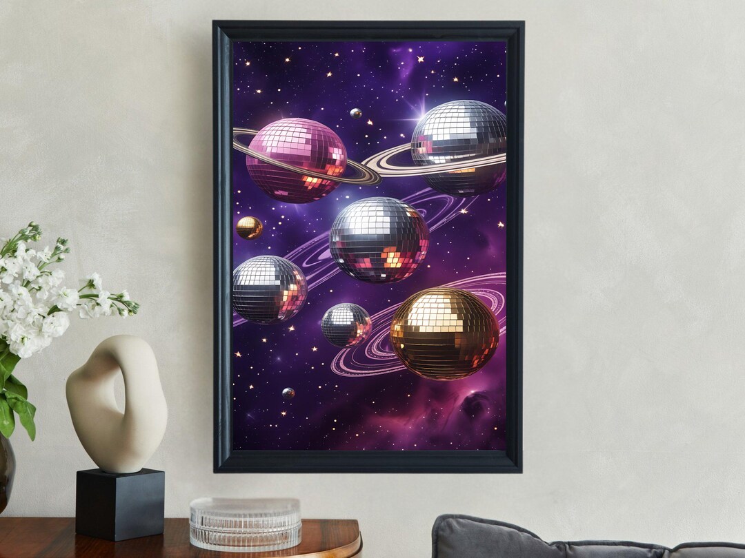 Disco Ball Planet Art, Cosmic Disco Wall Decor, Retro Space Theme Art ...