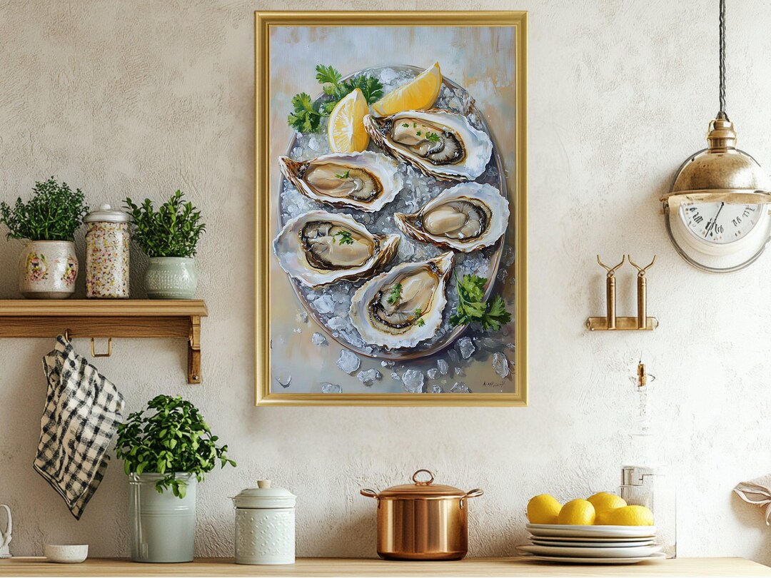 Coastal Kitchen Decor, Oyster Painting, Seafood Wall Art, Fresh Oysters ...