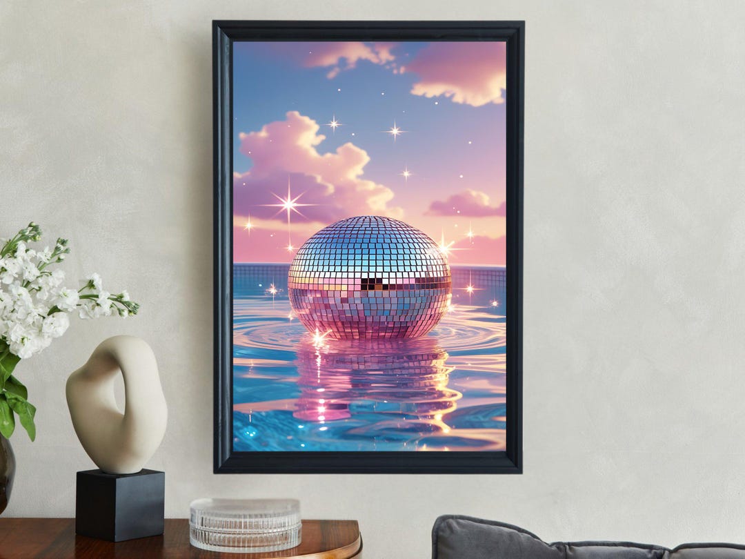 Retro Sunset Disco Ball Art Print, Reflective Mirror Ball Wall Decor ...