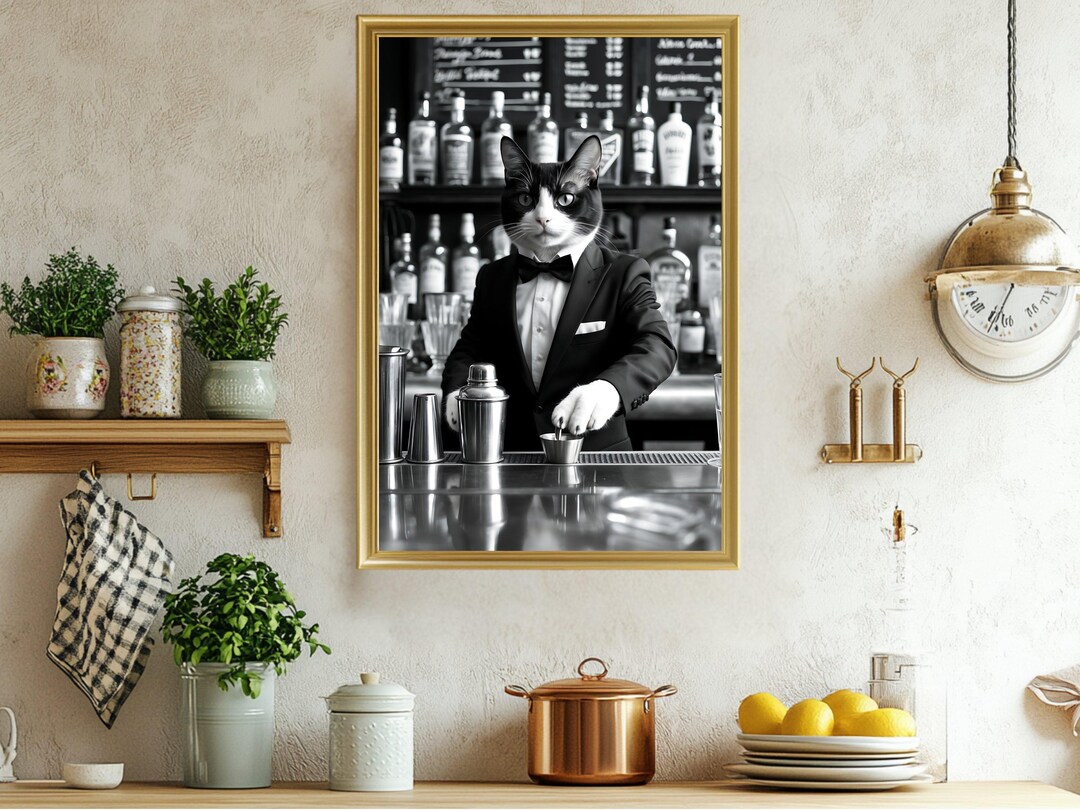 Funny Cat Bartender Wall Art, Cat in Suit Black and White Poster ...