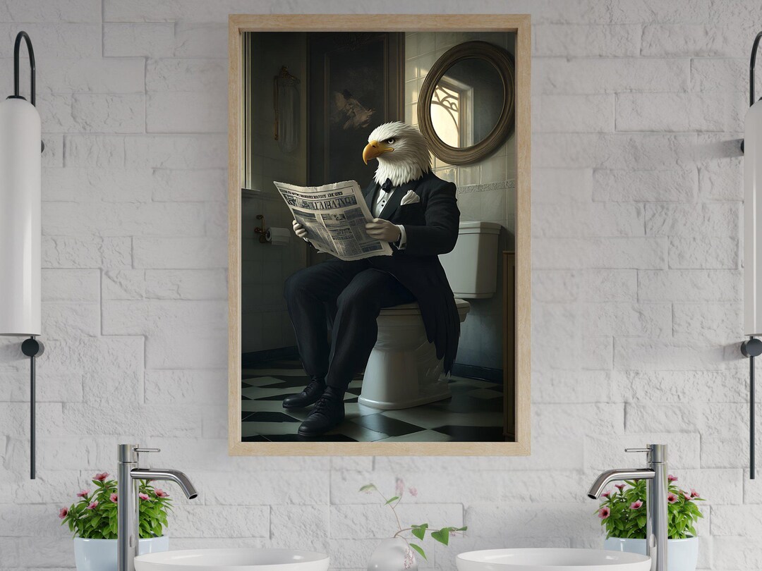 Eagle Reading Newspaper Wall Art, Unique Eagle Bathroom Decor, Quirky ...
