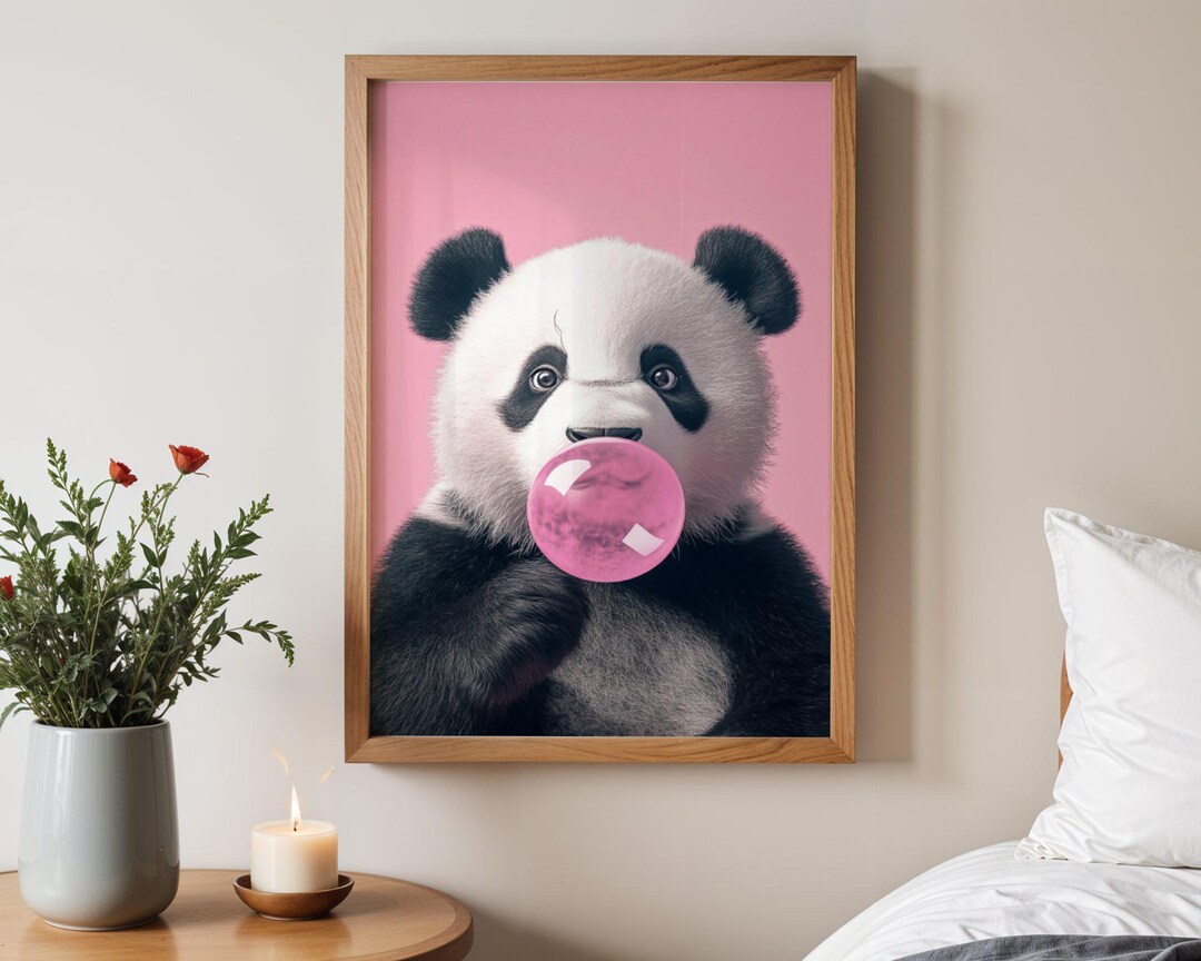 Cute Panda Blowing Pink Bubble Gum Wall Art, Adorable Baby Panda Poster ...