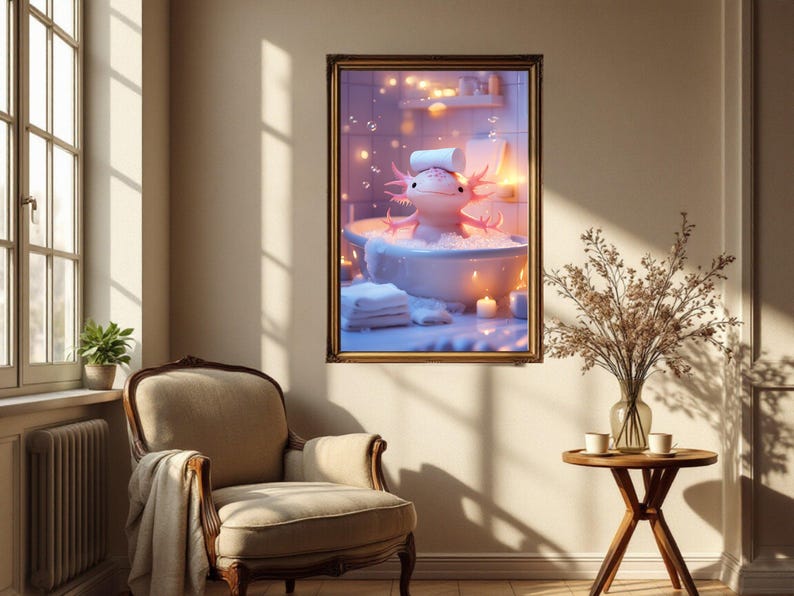 Cute Axolotl Bath Time Wall Art, Adorable Bathroom Decor, Axolotl Print ...