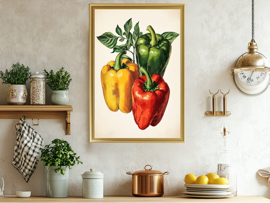 Colorful Bell Peppers Wall Art, Botanical Kitchen Decor, Vegetable ...