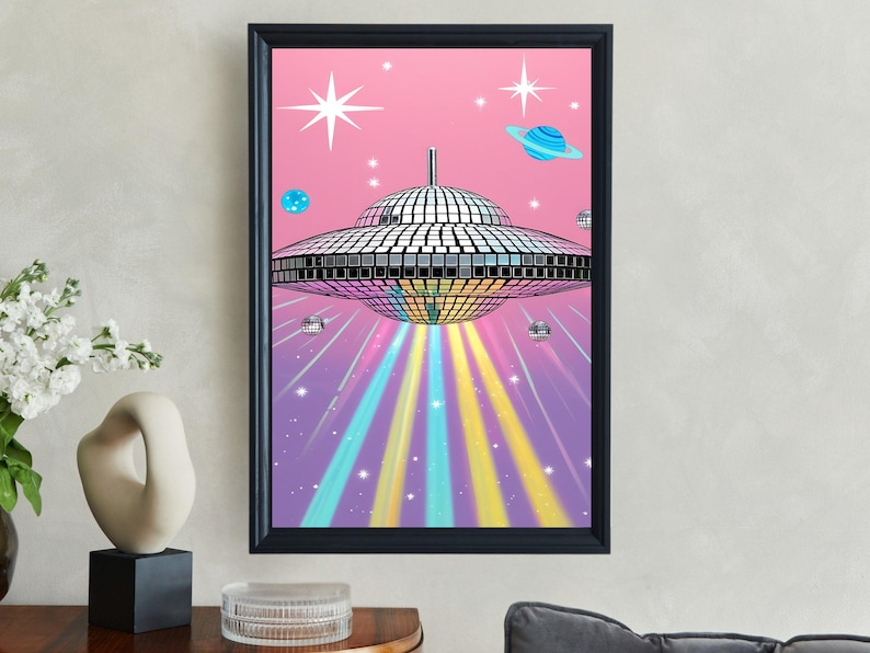Retro Futuristic Spaceship Wall Art, Colorful Space Decor Print, Mid ...