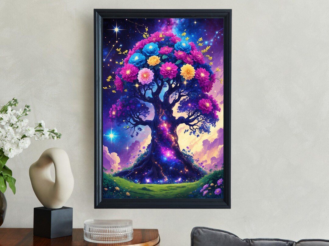 Enchanting Starry Night Tree Wall Art, Colorful Floral Galaxy Print ...