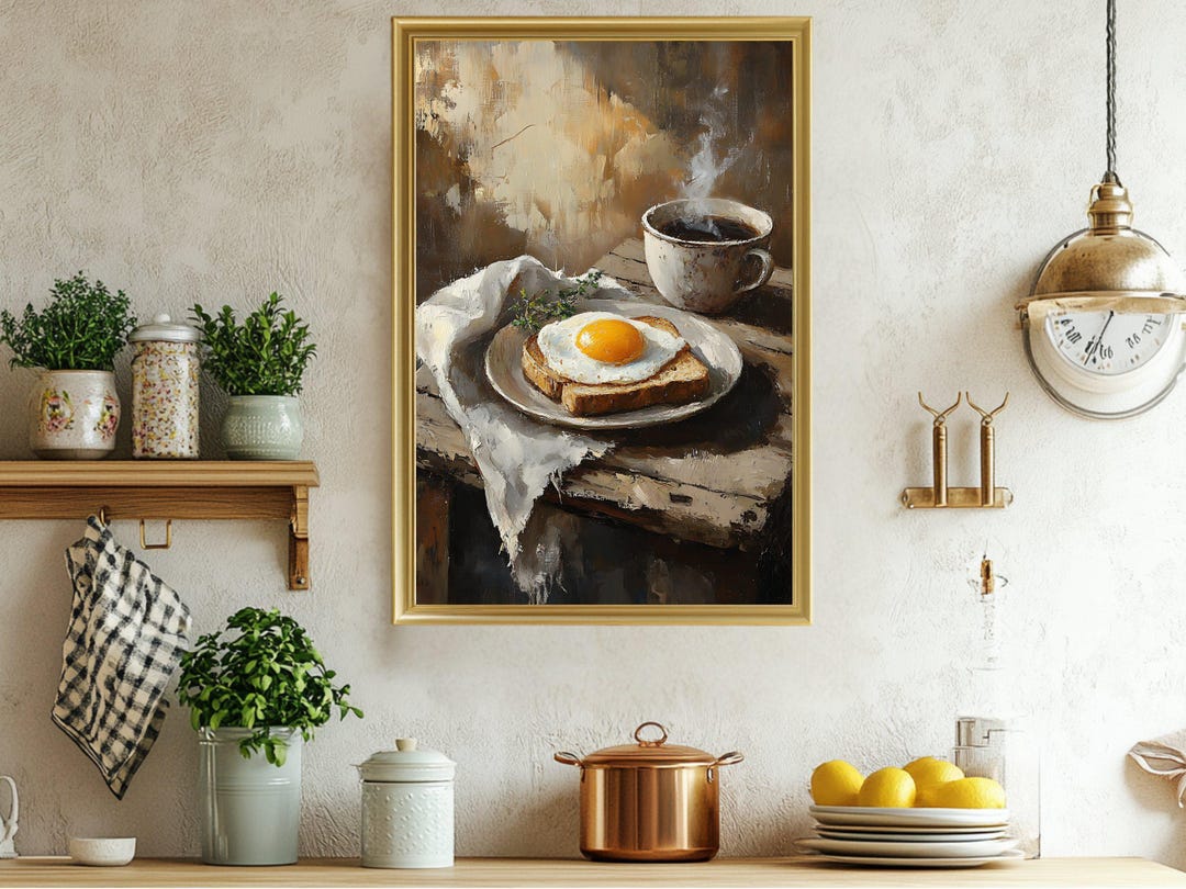 Rustic Breakfast Wall Art, Fried Egg on Toast Coffee Painting, Kitchen ...