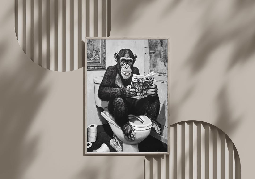 Chimp Reading Magazine Wall Art Print, Funny Animal Bathroom Decor ...