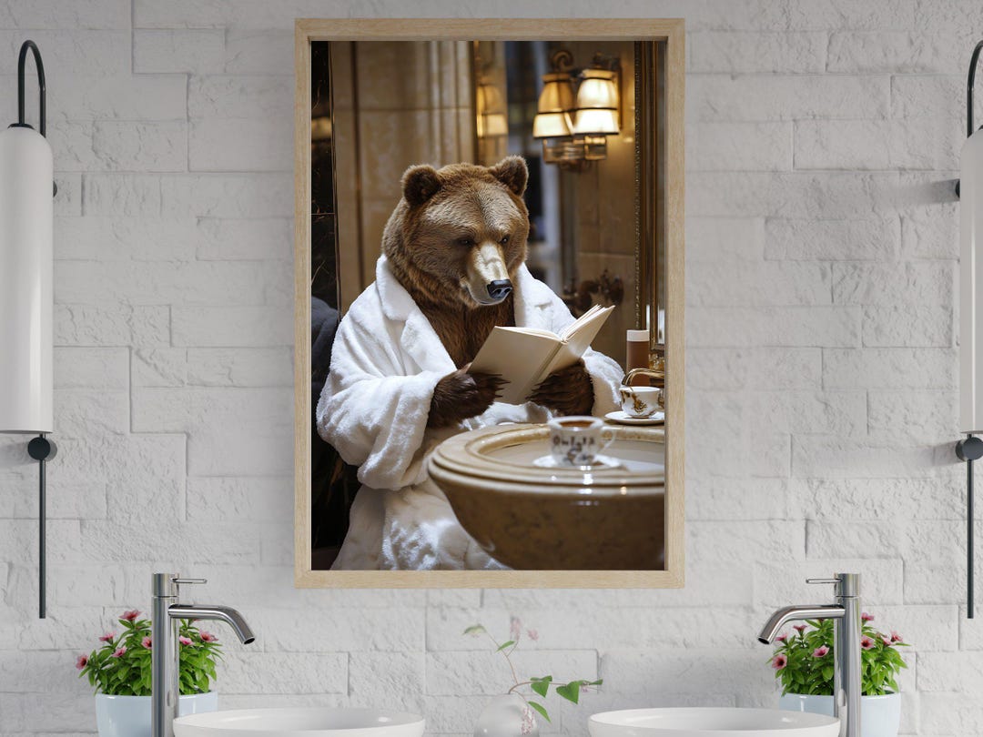 Bear in Robe Reading Book Art, Whimsical Animal Wall Art, Fun Bathroom ...