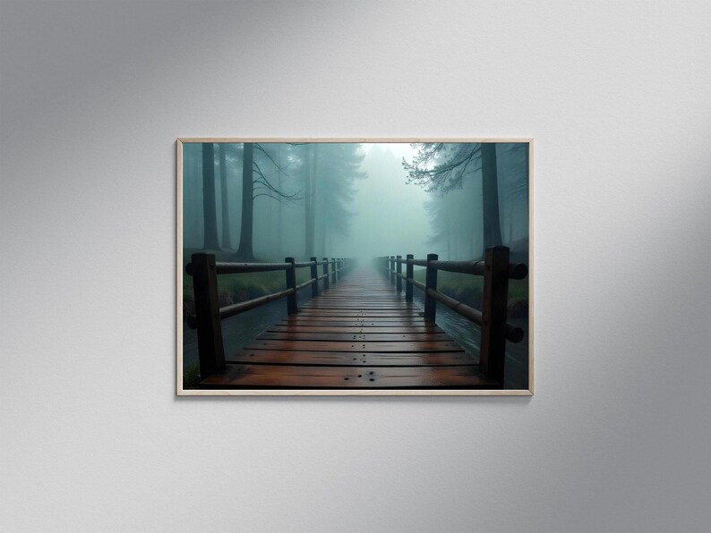 Mystical Forest Bridge Foggy Path Nature Wall Art Print, Serene Misty ...