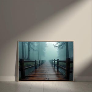 Mystical Forest Bridge Foggy Path Nature Wall Art Print, Serene Misty ...