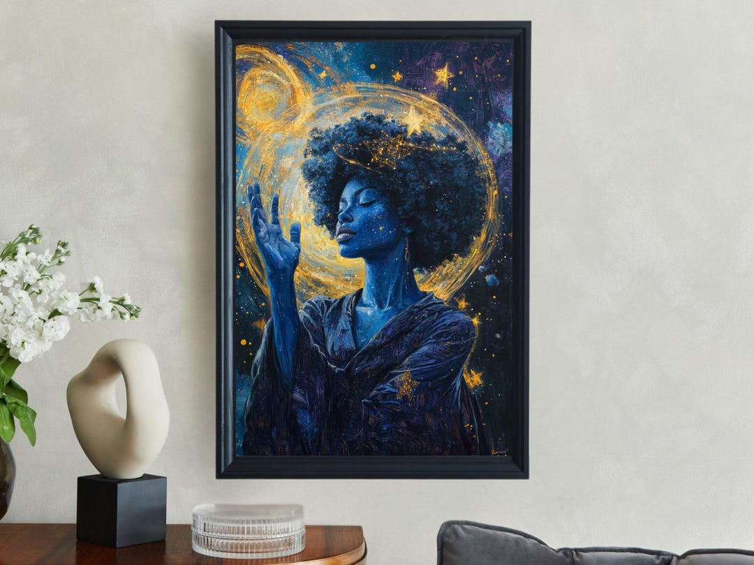 Celestial Woman Wall Art, Afro Woman Galaxy Painting, Cosmic Black Girl ...