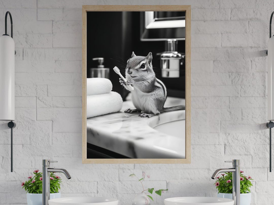 Cute Chipmunk Brushing Teeth Bathroom Decor Black and White Photography ...