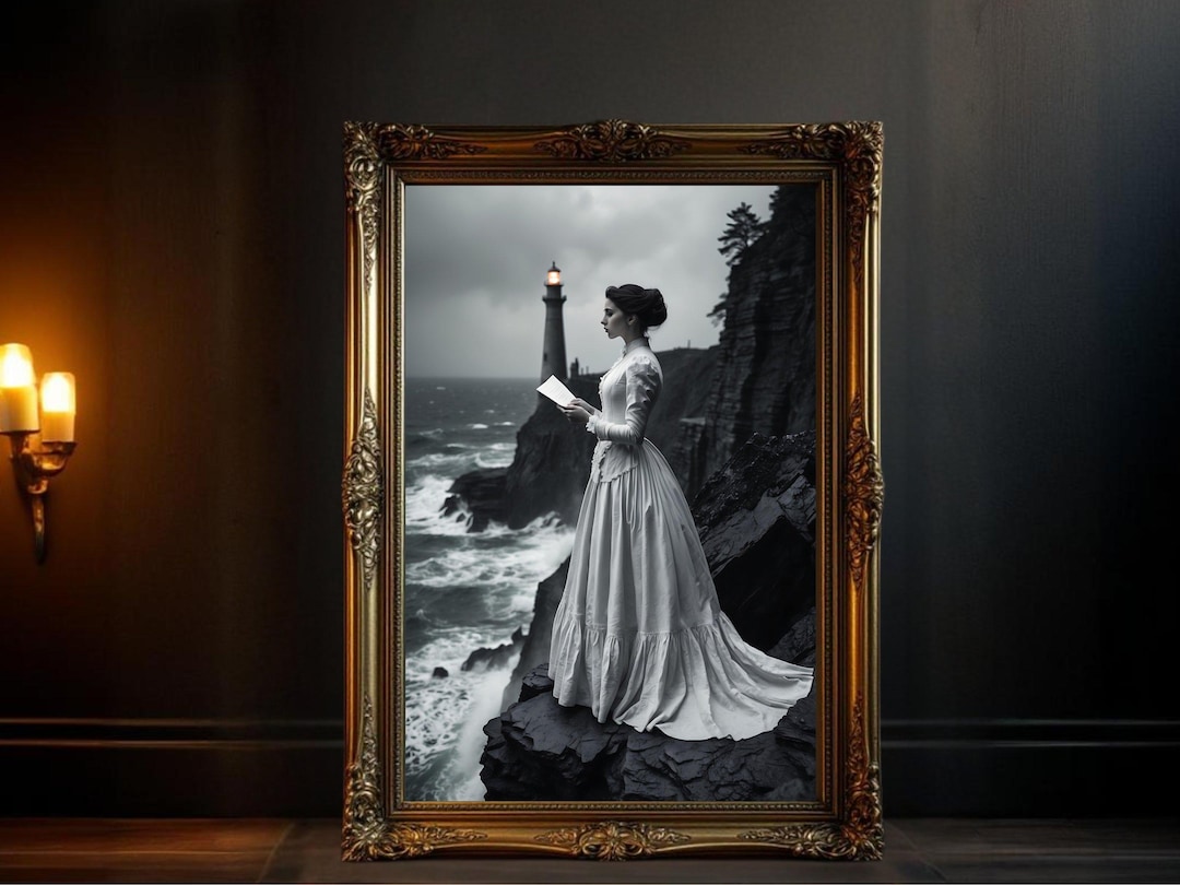 Victorian Lady by Lighthouse, Dramatic Seascape Wall Art, Vintage ...