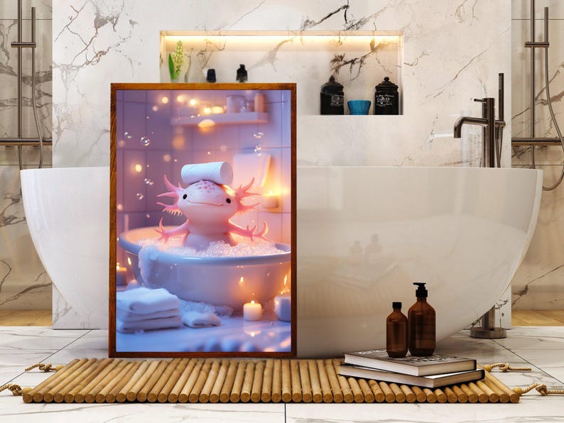 Cute Axolotl Bath Time Wall Art, Adorable Bathroom Decor, Axolotl Print ...