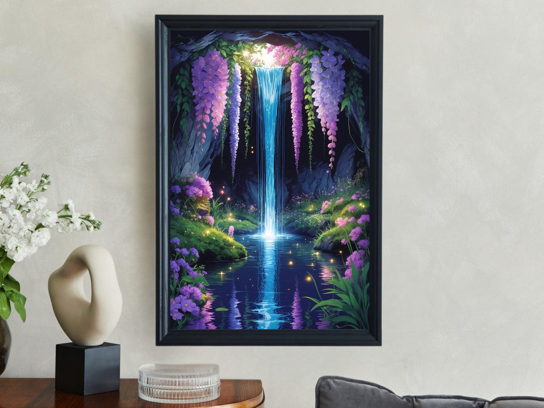 Enchanted Waterfall Fantasy Forest Wall Art, Magical Botanical ...