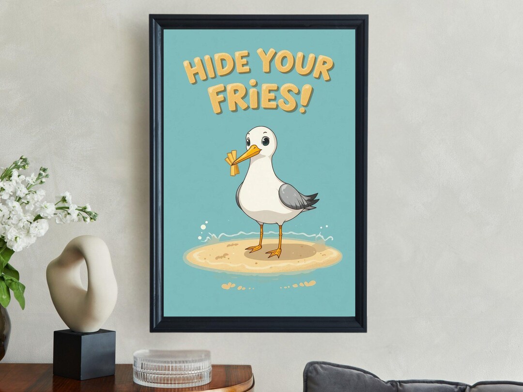 Funny Seagull Digital Art Print, Hide Your Fries Poster, Humorous ...