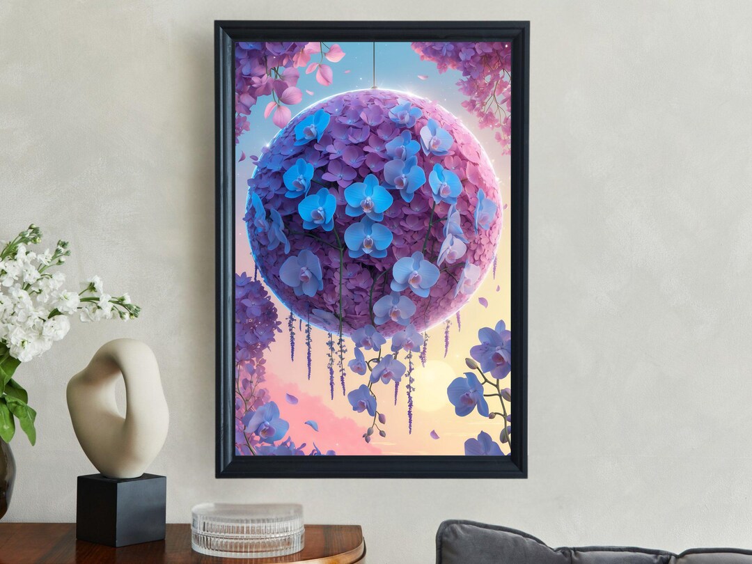 Floral Orb Wall Art, Blue and Purple Flowers Print, Dreamy Nature Decor ...