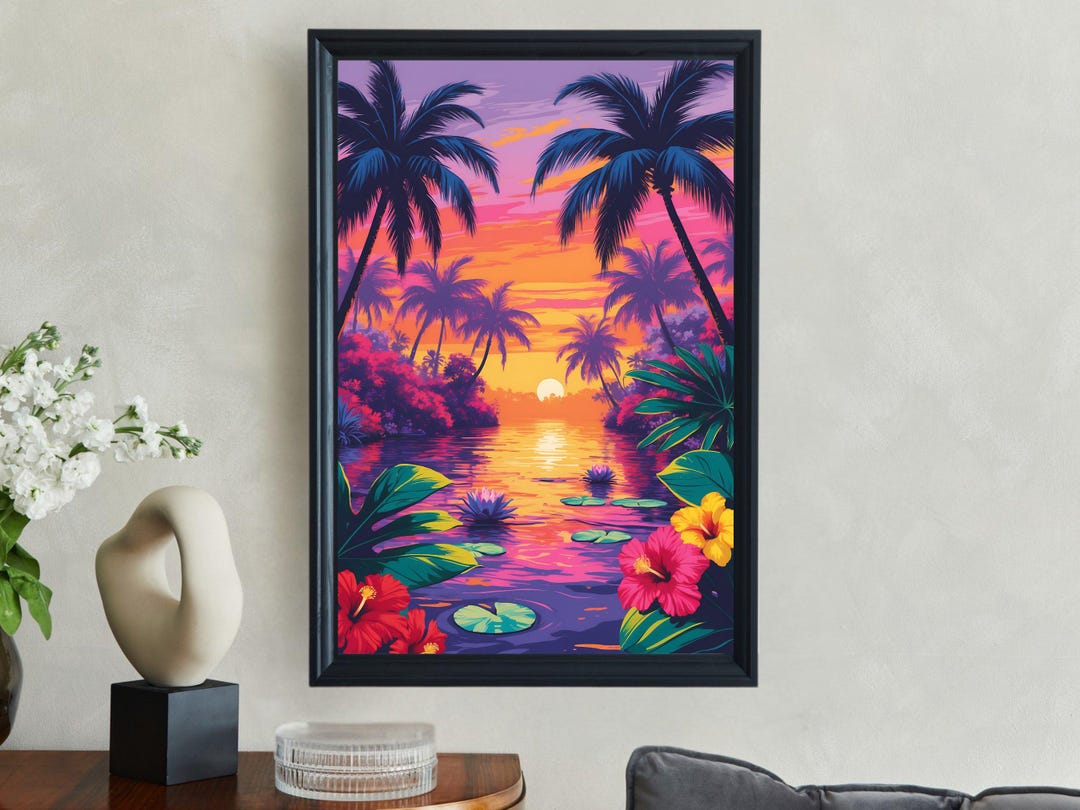 Tropical Sunset Wall Art, Palm Tree Artwork, Colorful Sunset Print ...