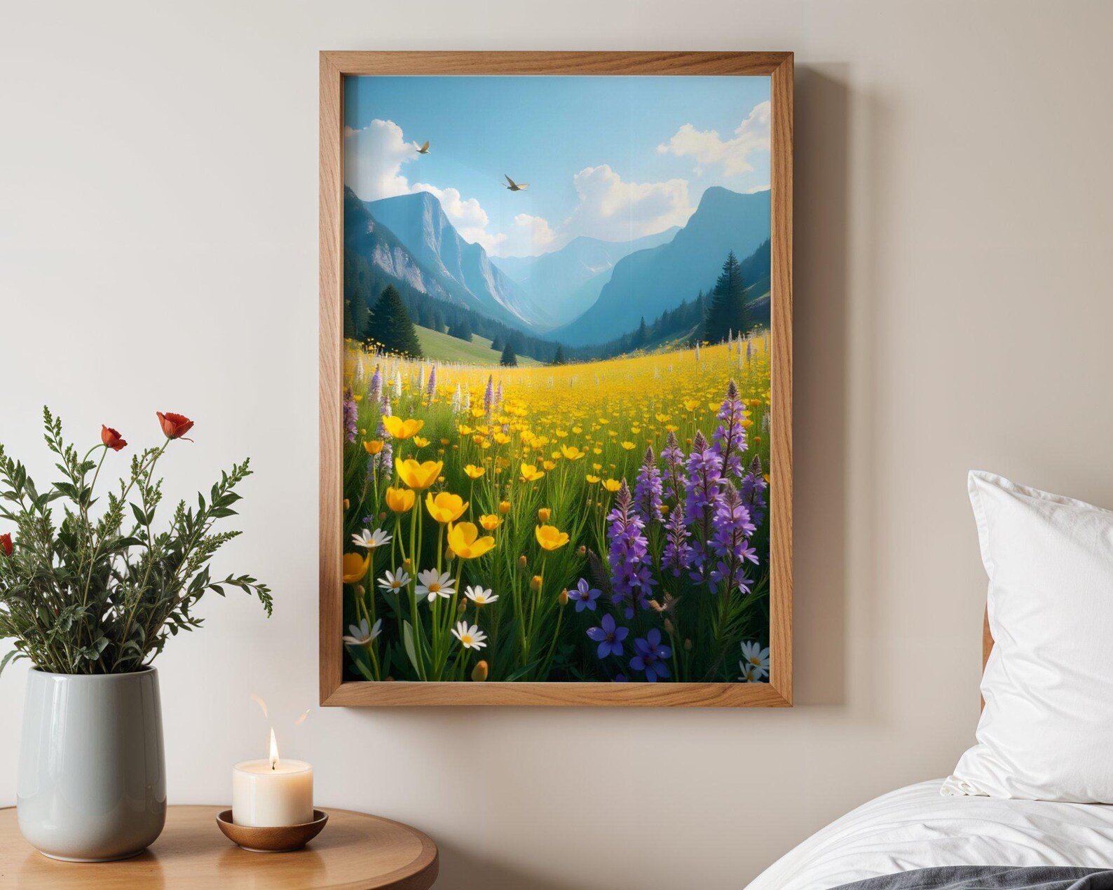 Mountain Valley Flower Field Nature Landscape Wall Art, Scenic Mountain ...