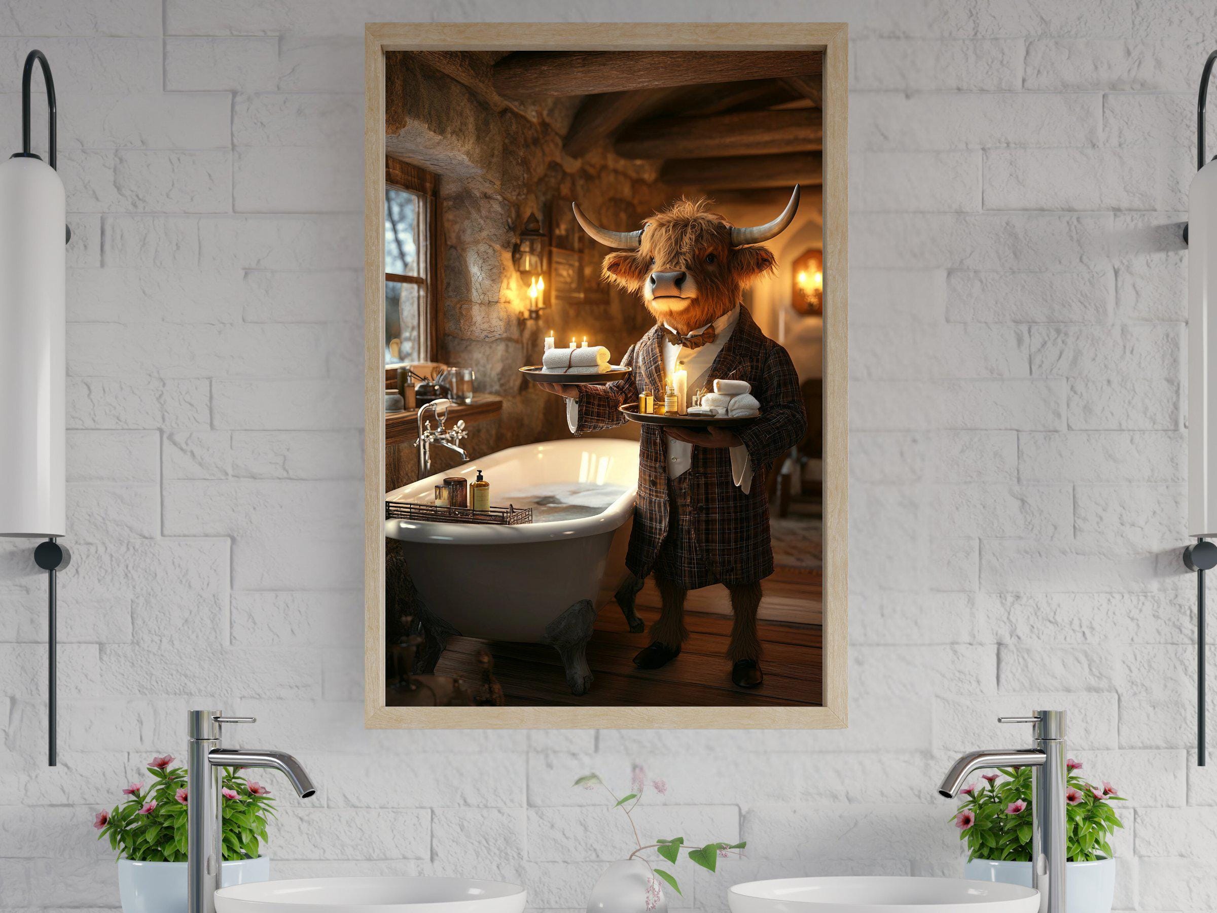 Highland Cow Butler Rustic Bathroom Decor, Quirky Animal Art Print ...