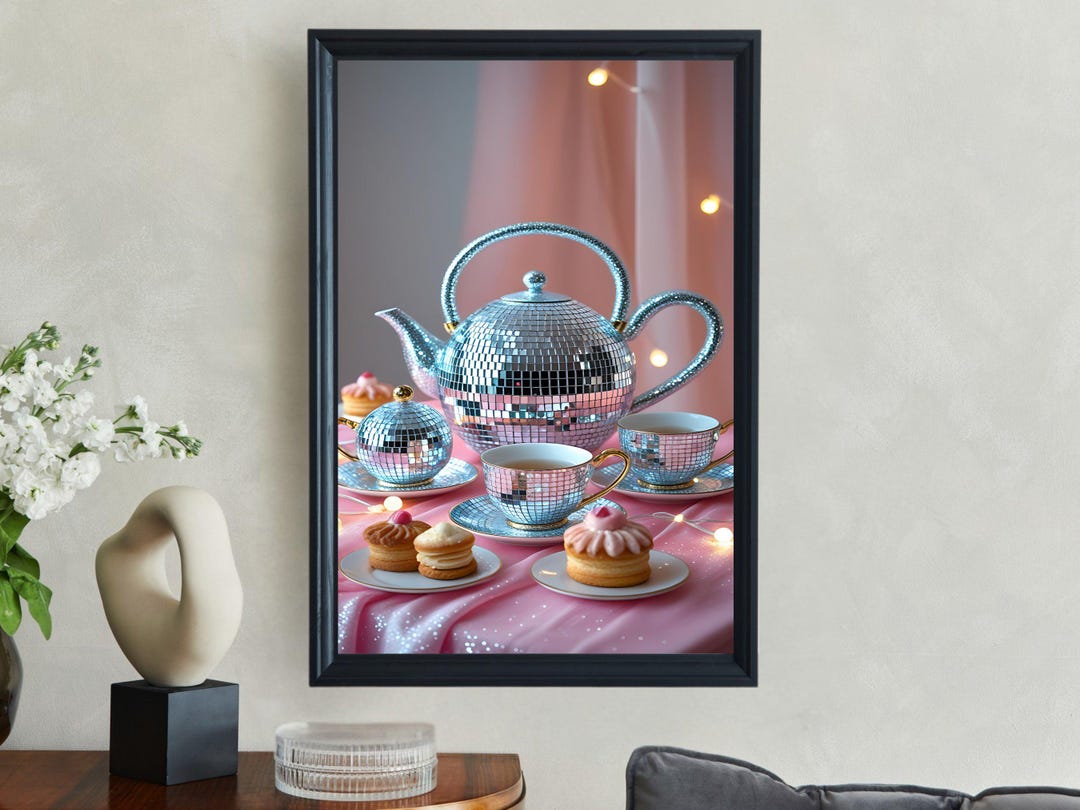 Sparkling Disco Ball Teapot Set Wall Art, Shiny Party Decor Print, Fun ...