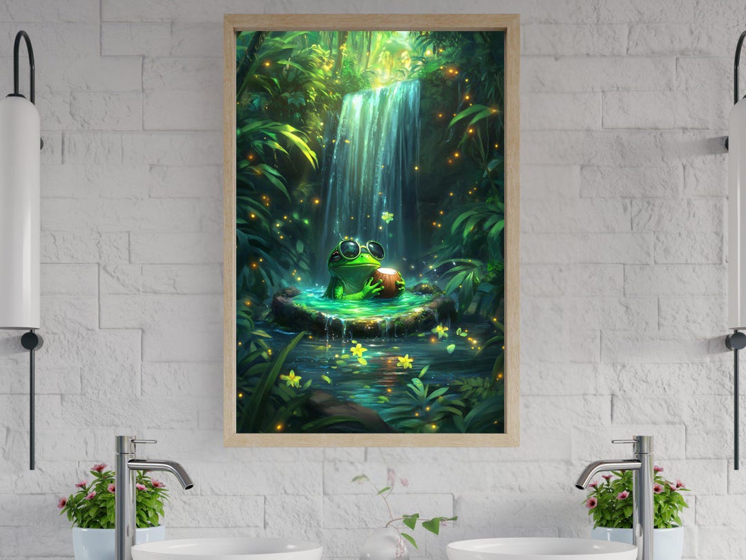 Frog Waterfall Wall Art, Tropical Forest Decor, Cute Frog Poster ...