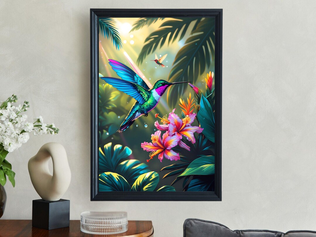 Colorful Hummingbird Wall Art With Tropical Flowers, Botanical Wall ...