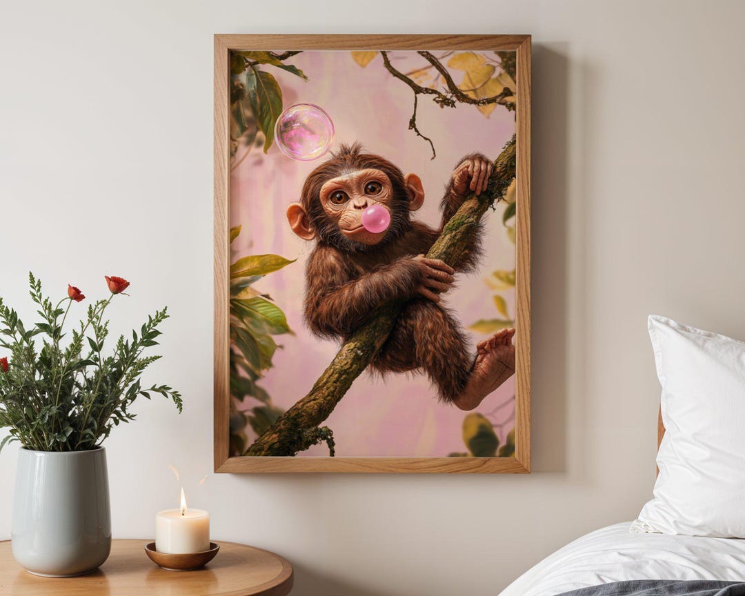 Adorable Baby Monkey Blowing Bubble Gum Wall Art, Whimsical Animal ...