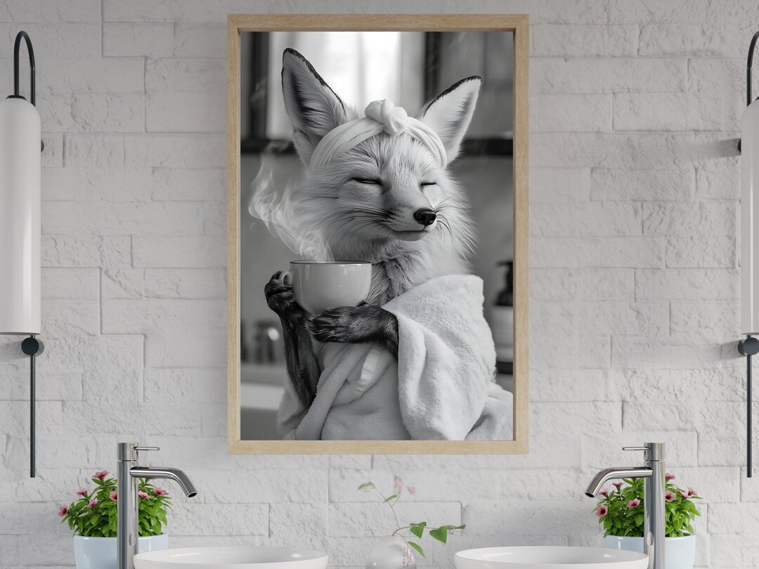 Cute Fox Drinking Coffee Wall Art, Adorable Animal Bathroom Decor ...