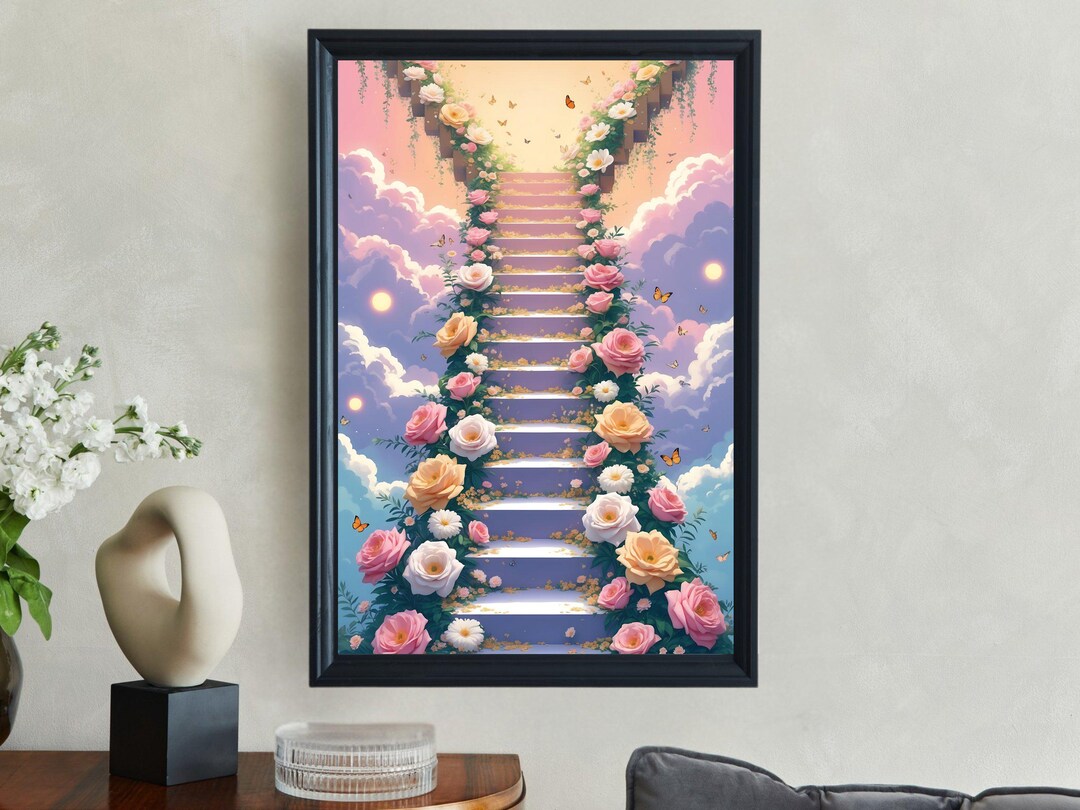 Dreamy Stairway to Heaven Wall Art, Enchanted Garden Artwork, Floral ...