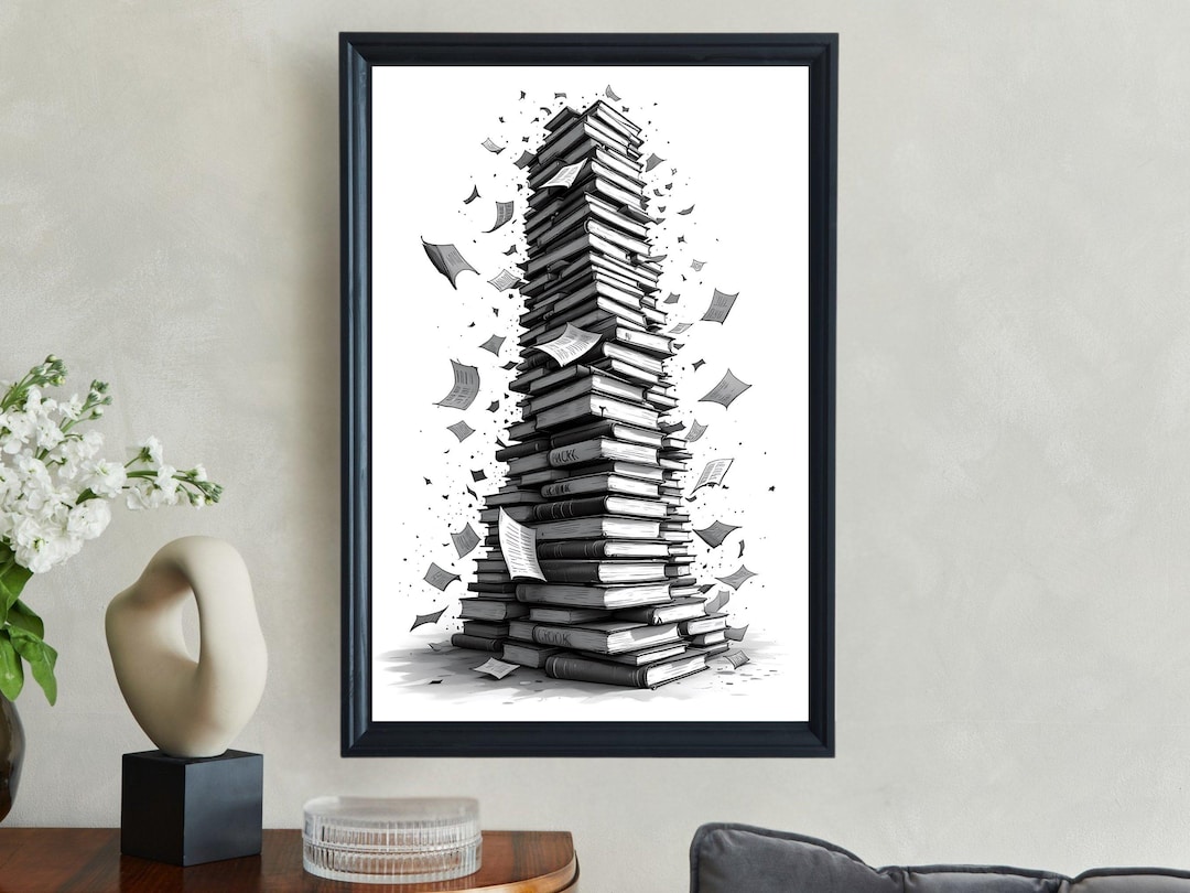 Tall Stack of Books Drawn Wall Art, Bibliophile Artwork Print, Black ...