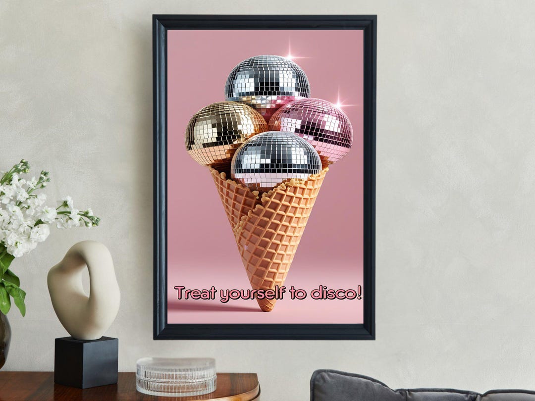 Disco Ball Ice Cream Cone Wall Art, Fun Ice Cream Poster, Disco Themed ...