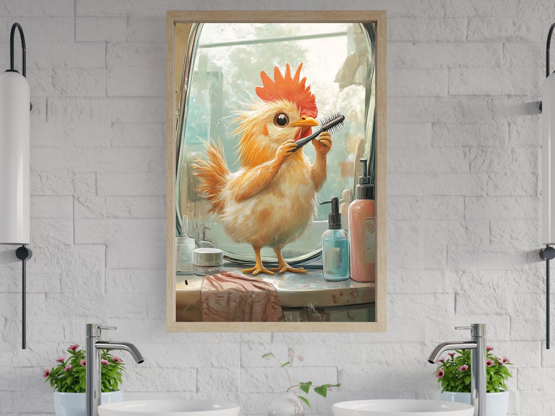 Funny Chicken Bathroom Art, Quirky Animal Wall Decor, Cute Chickens ...