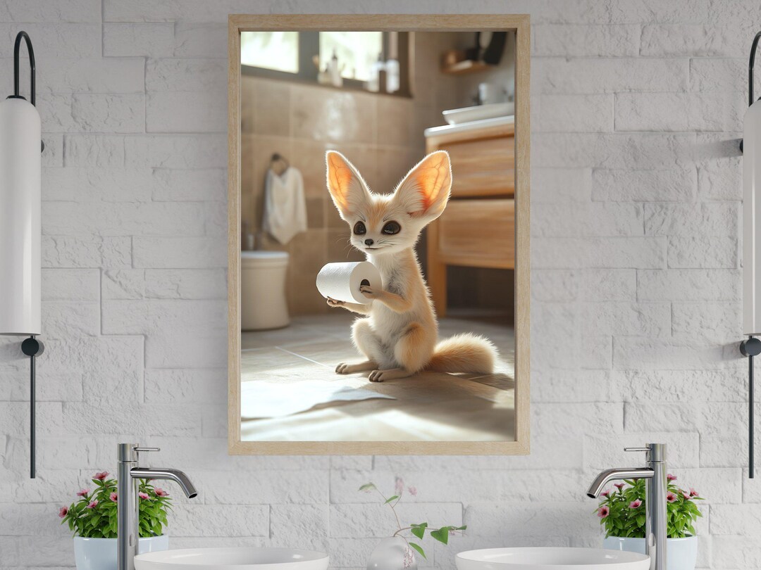 Cute Fennec Fox Holding Toilet Paper Wall Art for Bathroom Decor, Funny ...