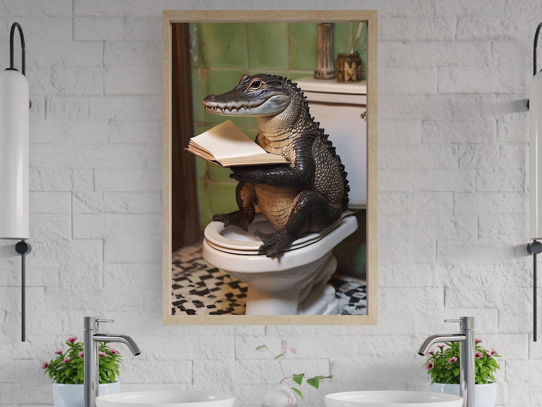 Alligator Reading Wall Art, Quirky Bathroom Decor, Funny Animal Print ...