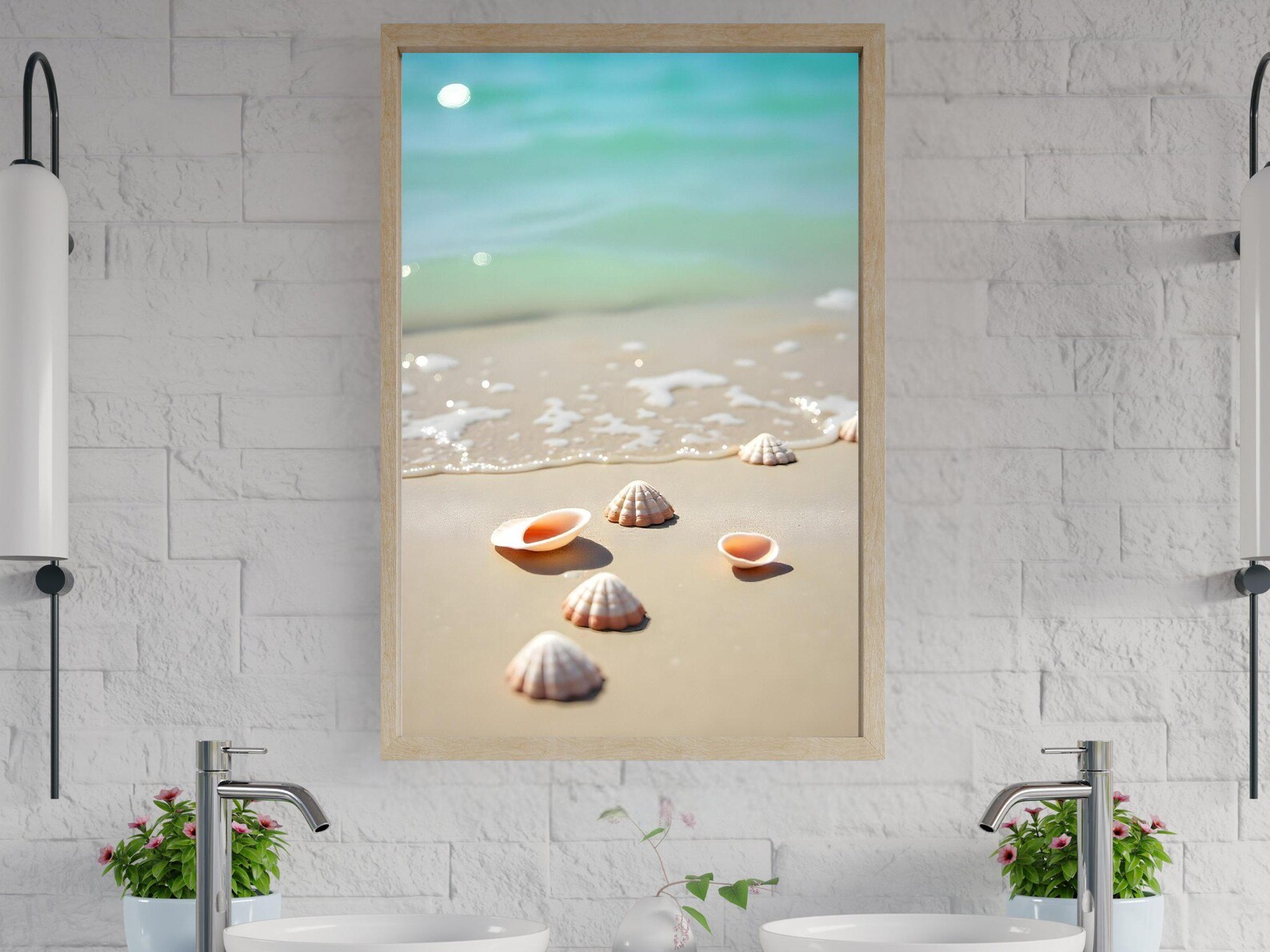 Coastal Seashells Beach Scene Print, Ocean Waves Wall Art, Nautical ...