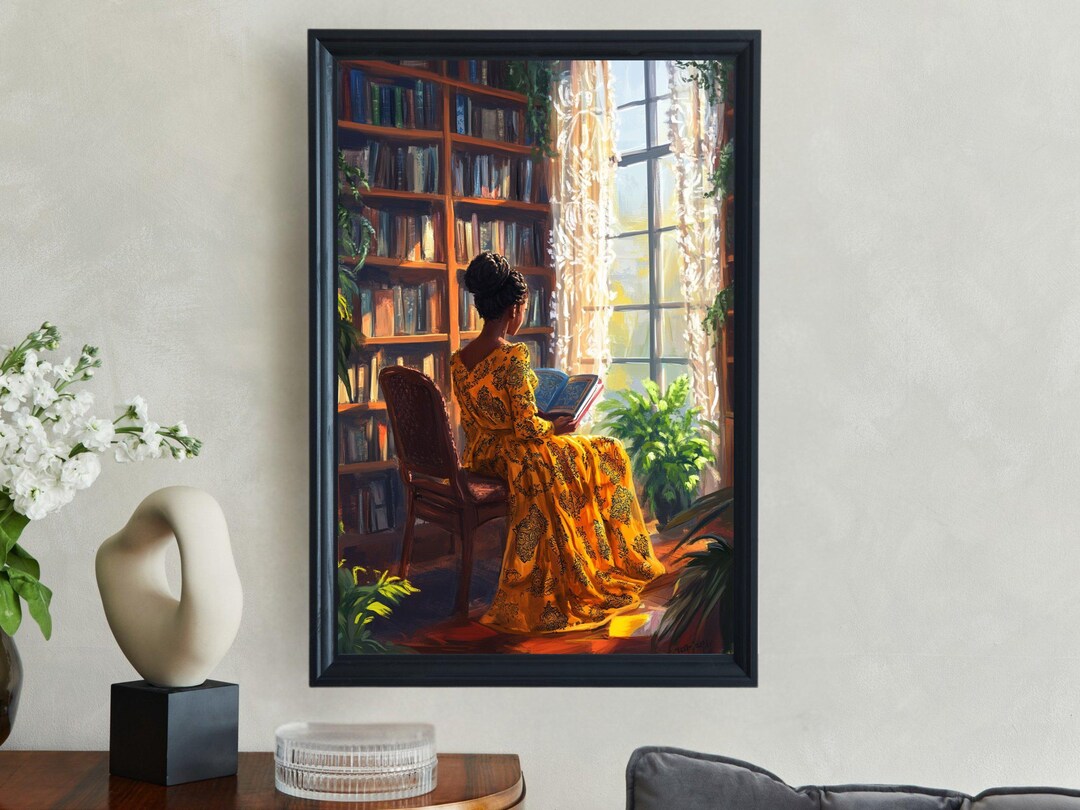 Reading Woman in Yellow Dress Wall Art, Cozy Library Decor, Book Lover ...