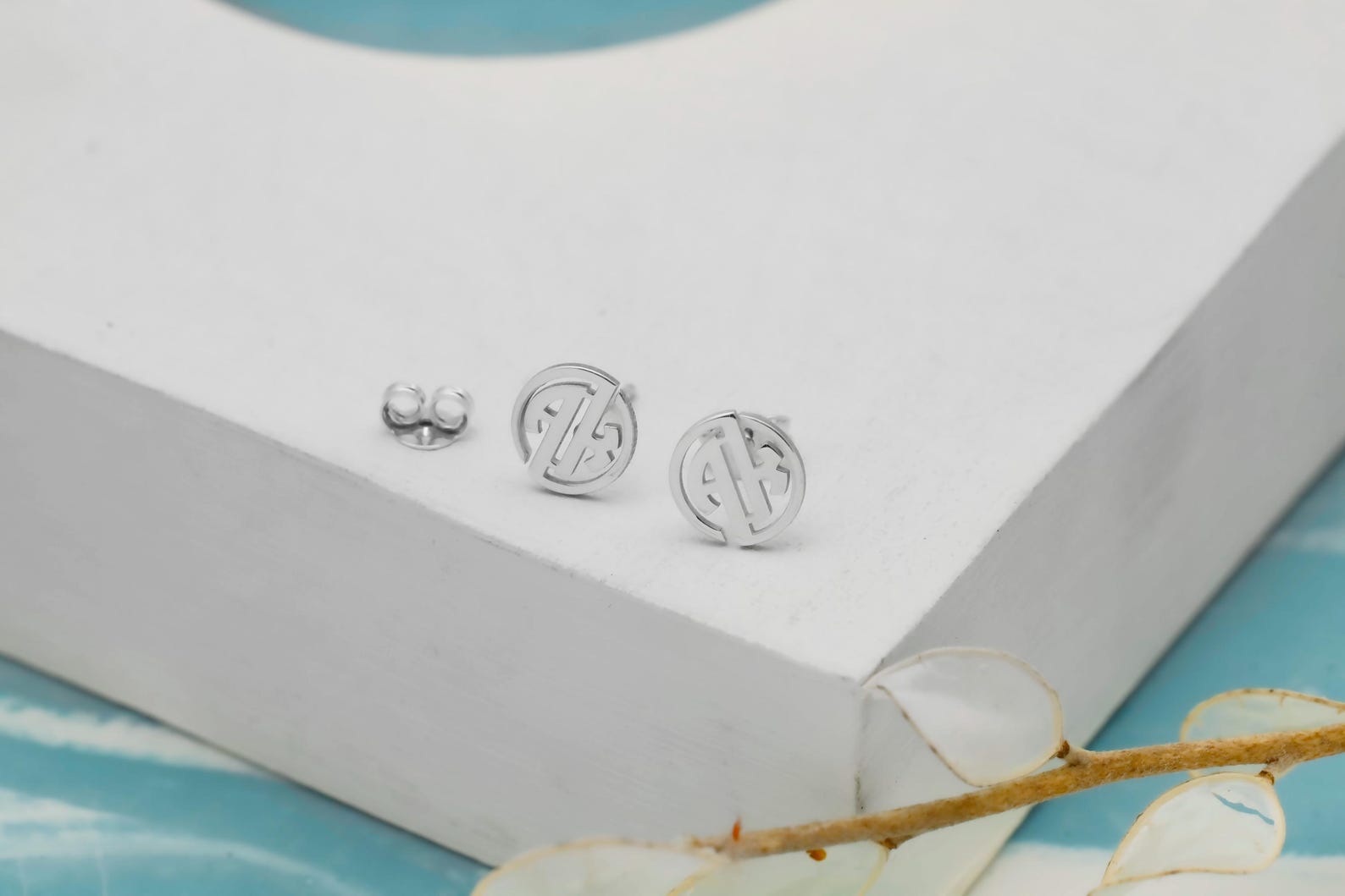 Custom Block Monogram Initials Circle Earrings, 2 Initials Personalized ...