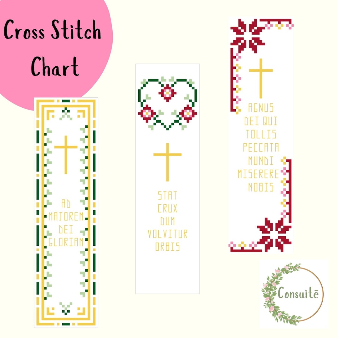 Set of 3 Floral Latin Bookmarks With Christian Phrases ( Cross Stitch ...
