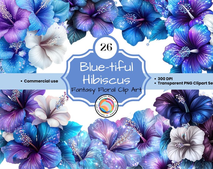 Blue Hibiscus Clipart Bundle: Fantasy Floral PNG Graphics (300 DPI ...